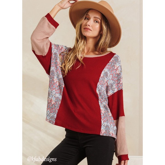 Tops | Last 1 Soft Boho Soft Waffle Knit Red Color Block Detail Top ...
